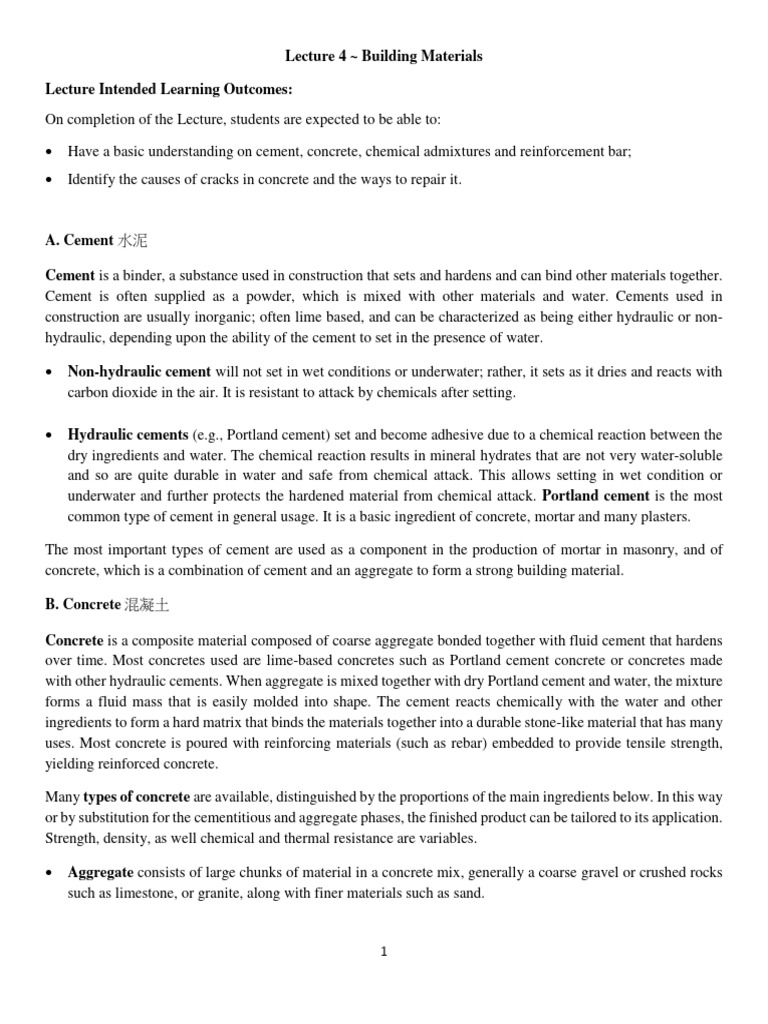 07 - Lecture 4 - Building Materials | PDF | Concrete | Cement