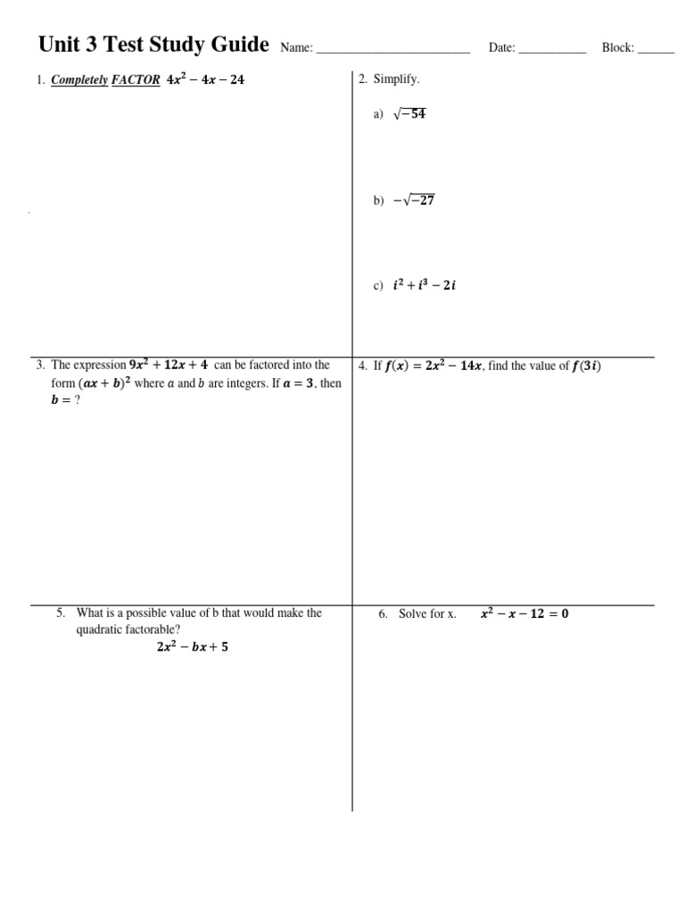 Unit 3 Test Study Guide | PDF | Quadratic Equation | Mathematics