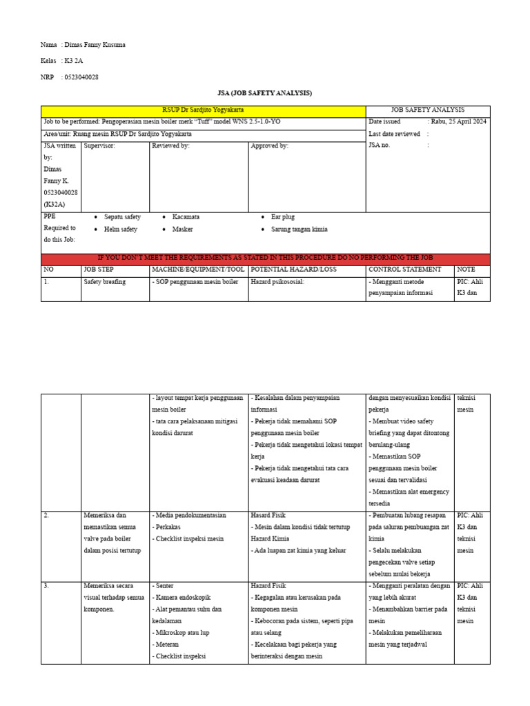 Jsa Boiler - Dimas Fanny Kusuma - 0523040028 - K32a | PDF