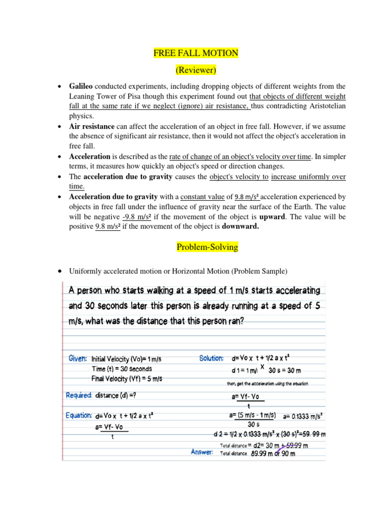 Free Fall Motion - Reviewer | PDF