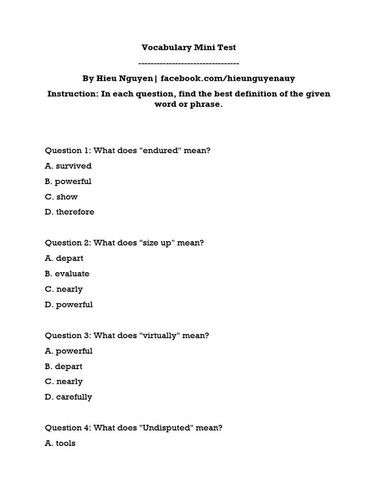 Vocabulary Mini Test with Answers | PDF | Human Communication