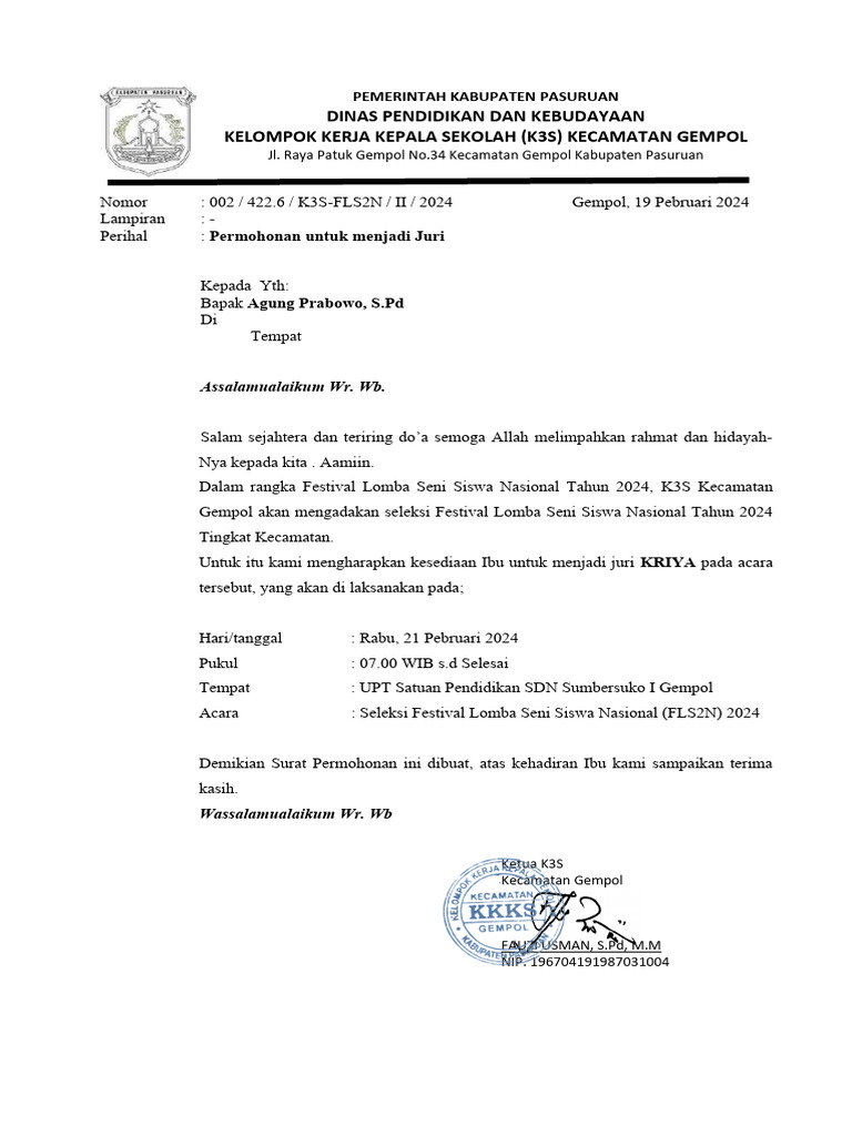 Surat Permohonan Menjadi Juri - Surat Dispensasi FLS2N | PDF