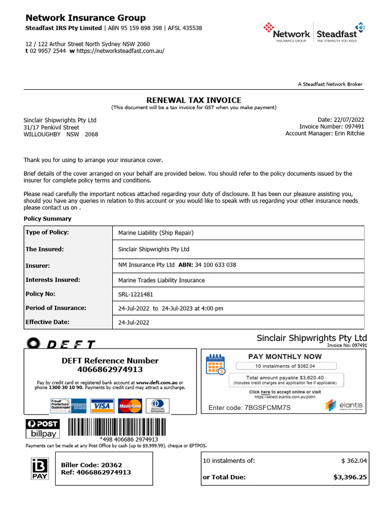 Marine Liability Insurance Invoice | PDF | Liability Insurance | Insurance