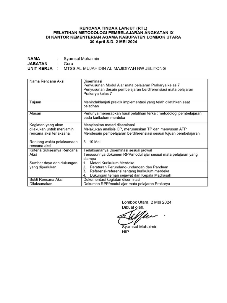 FORM - RTL Metodologi Pembelajaran | PDF