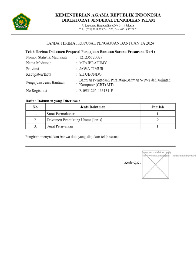 Tanda Terima Proposal Pengajuan_CBT_MTs. Ibrahimy Jangkar | PDF
