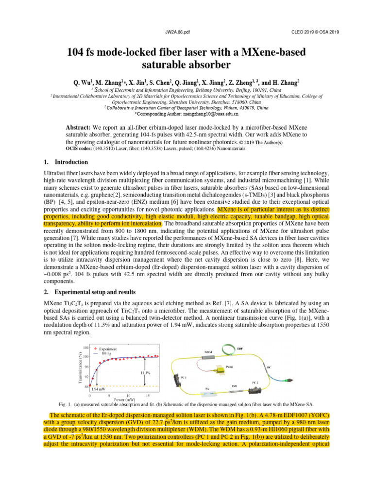 104 Fs Mode-Locked Fiber Laser With A MXene-based Saturable Absorber ...