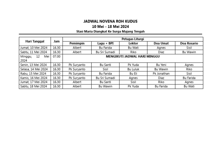 Jadwal Novena Roh Kudus 2024 | PDF