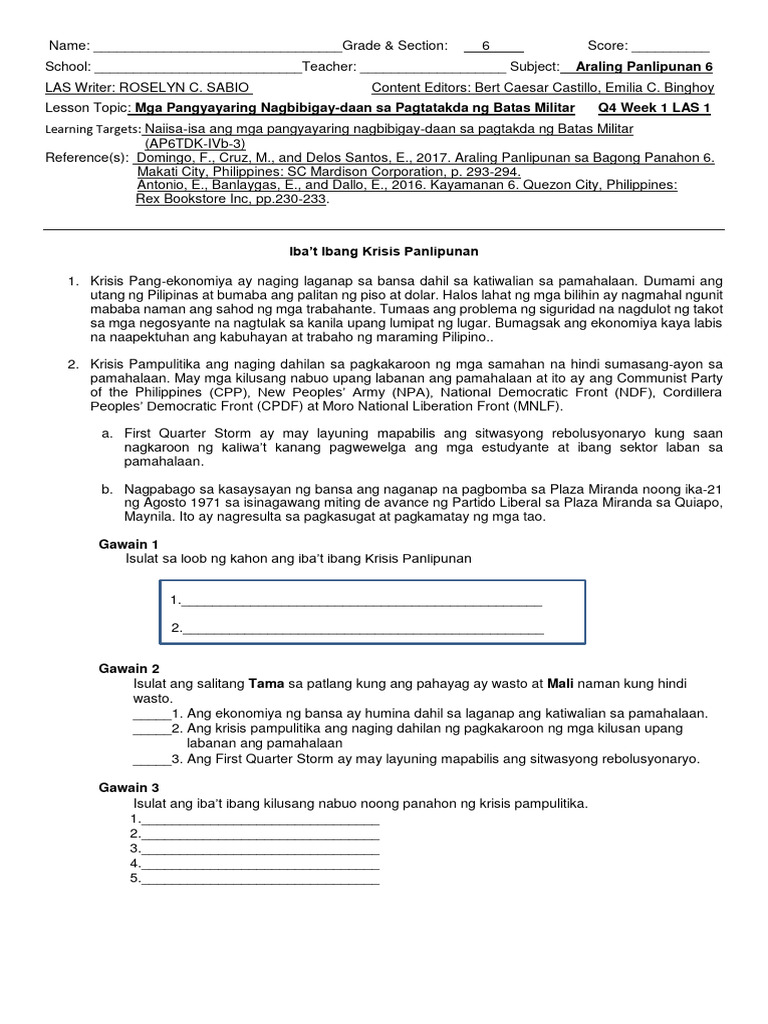 Ap 6 Quarter 4 Week 1 Las 1 | PDF