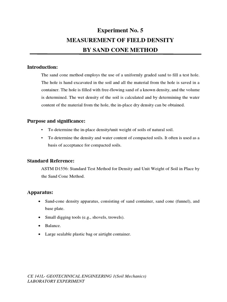 Experiment 5 FDT Standard by Sand Cone Method | PDF | Density | Applied ...