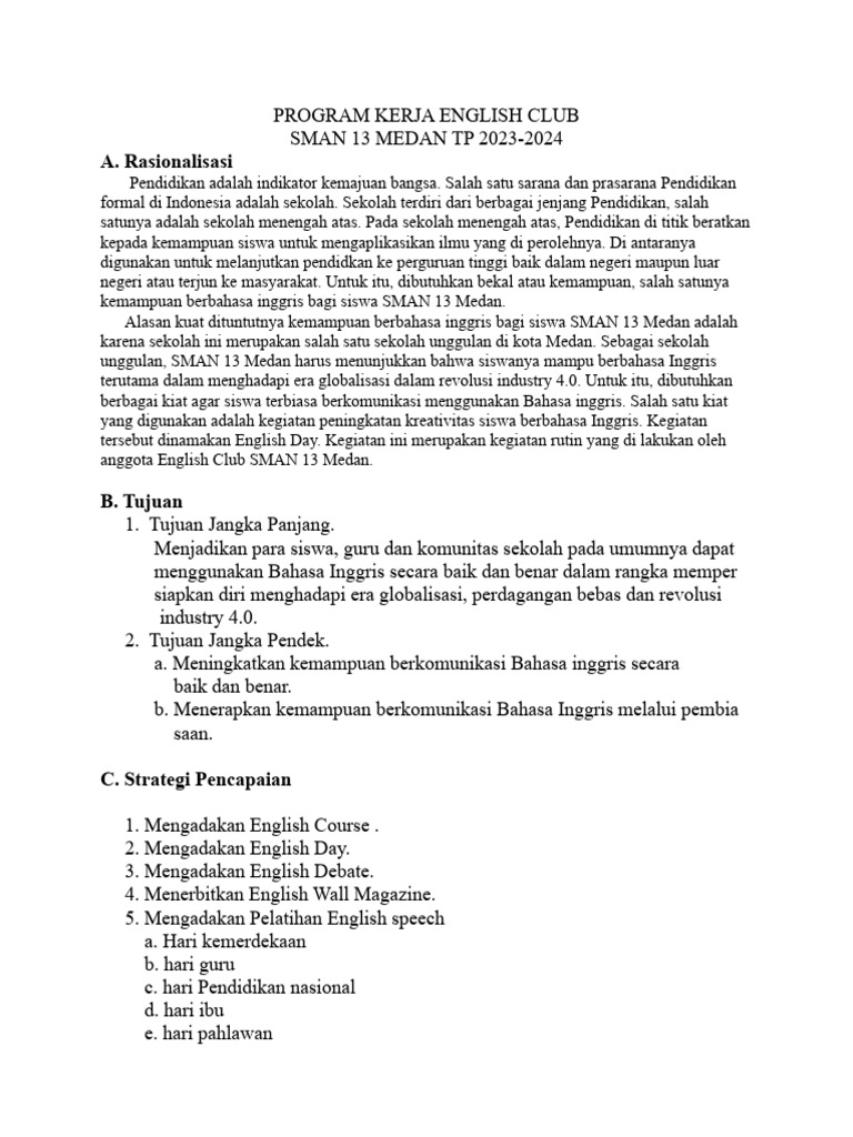 Program Kerja English Club | PDF