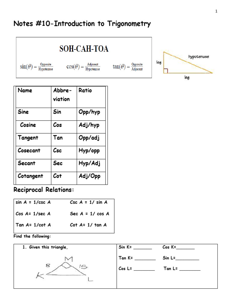 Notes #10-Introduction To TRIG | PDF | Trigonometric Functions ...