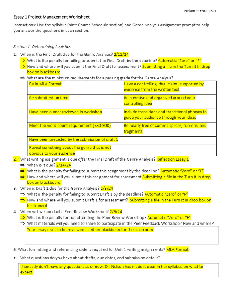 ENGL 1301 Genre Analysis Project Guide | PDF | Essays | Peer Review