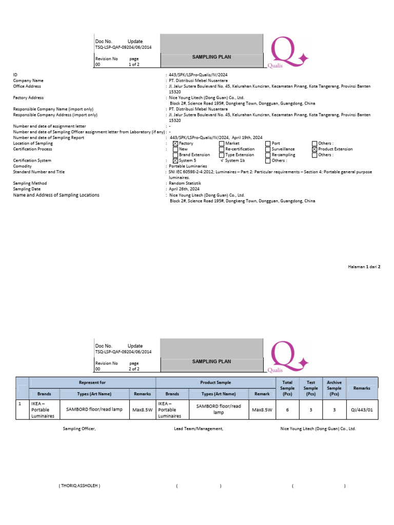 Sampling Plan Nice Young 26 April 2024 - ADD MODEL | PDF