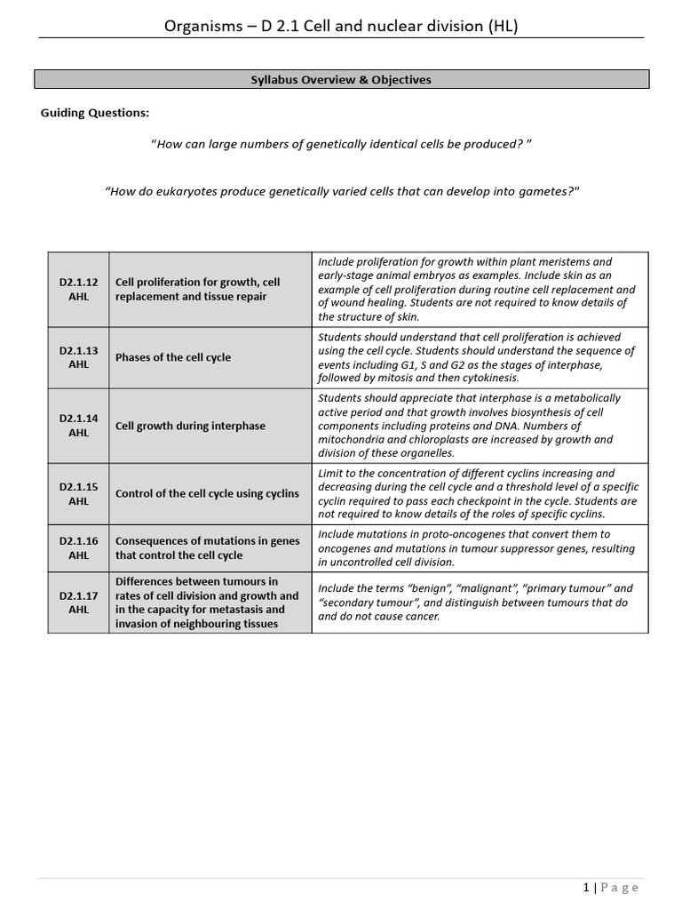 D 2.1 HL Cell Division Student Notes | PDF | Cell Cycle | Cell Growth