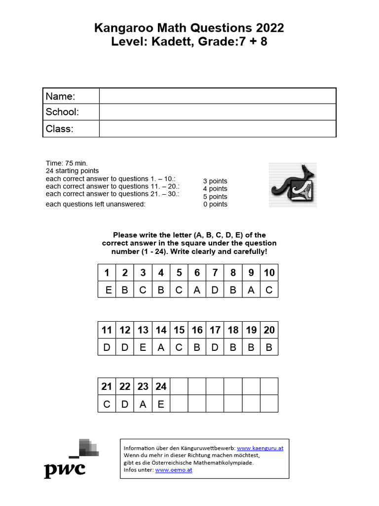 Kangaroo Math Questions 2022 | PDF