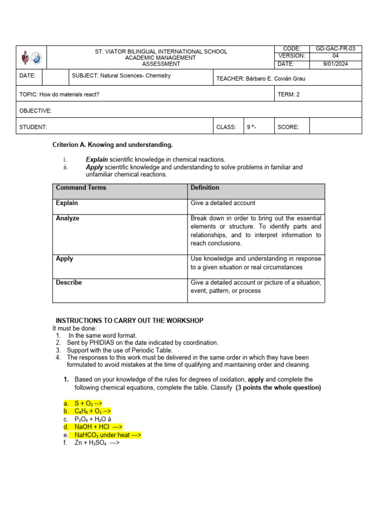 Criterion A. Knowing and Understanding | PDF | Chemical Reactions | Redox