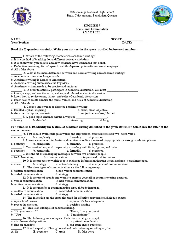 Grade 7 English Semi-Final Exam | PDF | Communication | Nonverbal ...
