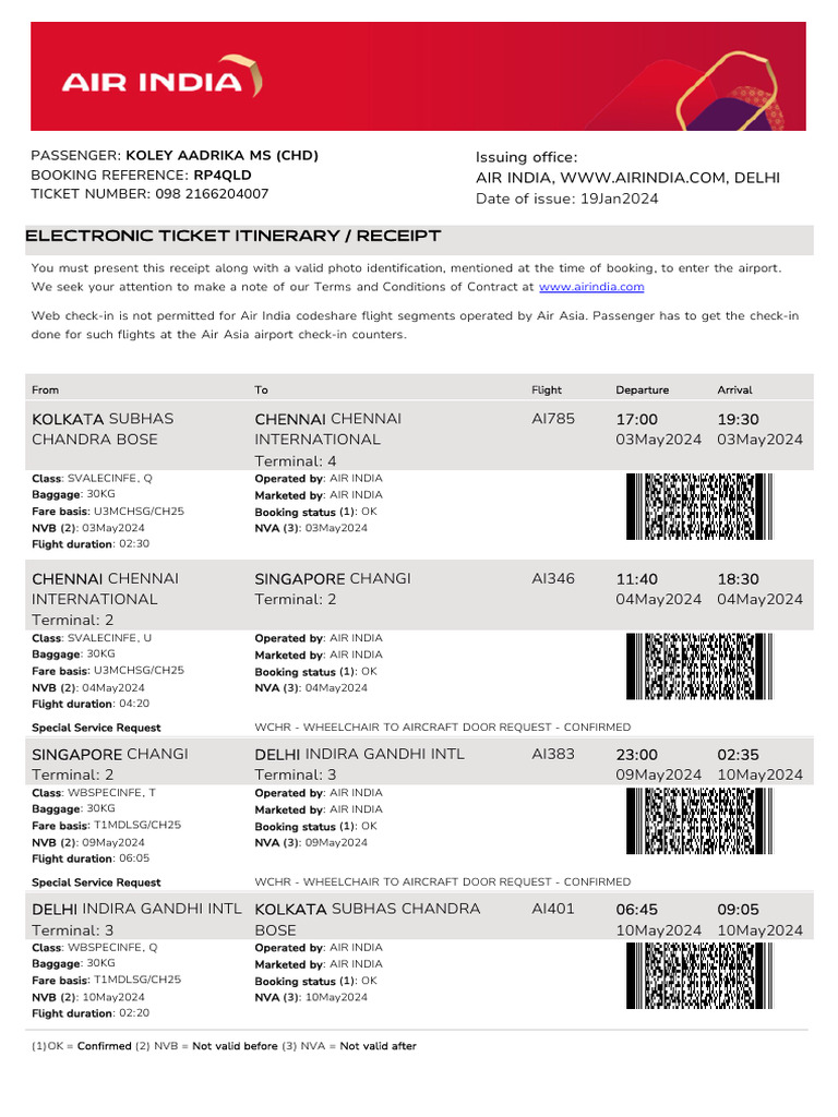 Air India Web Booking ETicket (RP4QLD) - AADRIKA | PDF