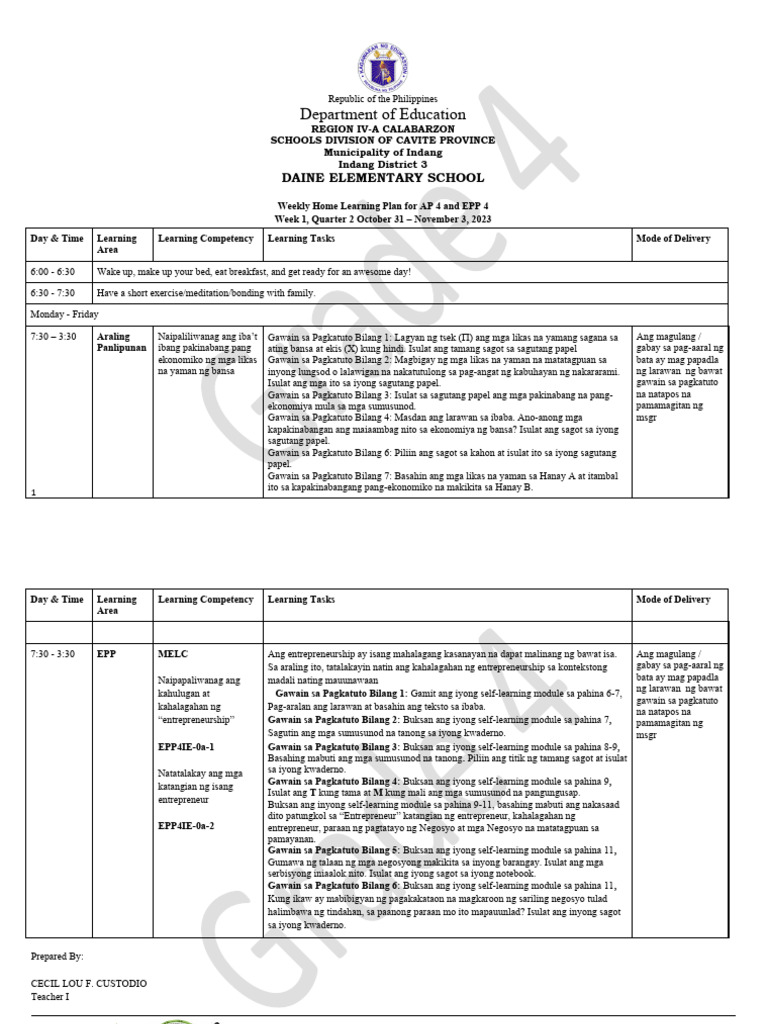 Cecil Lou Custodio Q2 Week 1 WHLP Grade 4 | PDF