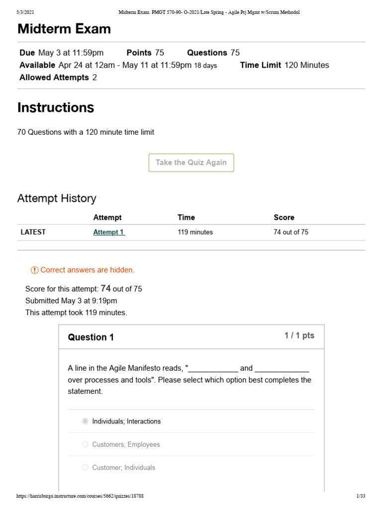 Midterm Exam - PMGT 570-90 - O-2021 - Late Spring - Agile PRJ MGMT W ...