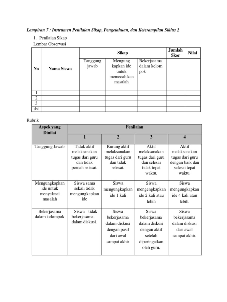 Instrumen Penilaian Sikap Ket Dan Pengetahuan Siklus 2 | PDF