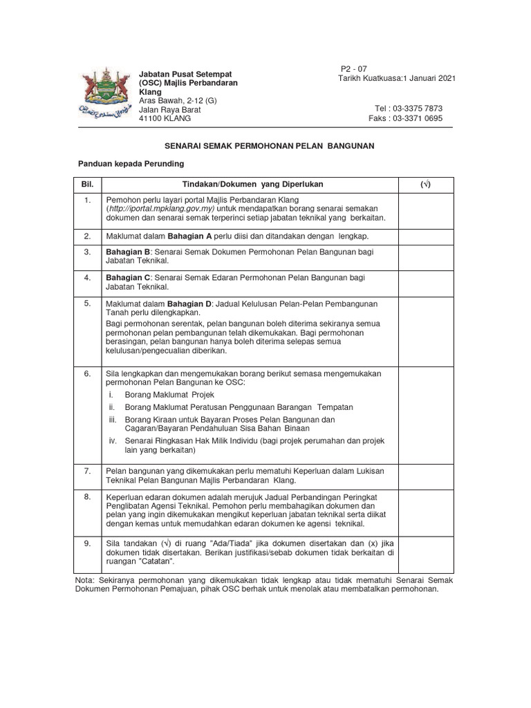 Senarai Semak Dokumen Pelan Bangunan | PDF