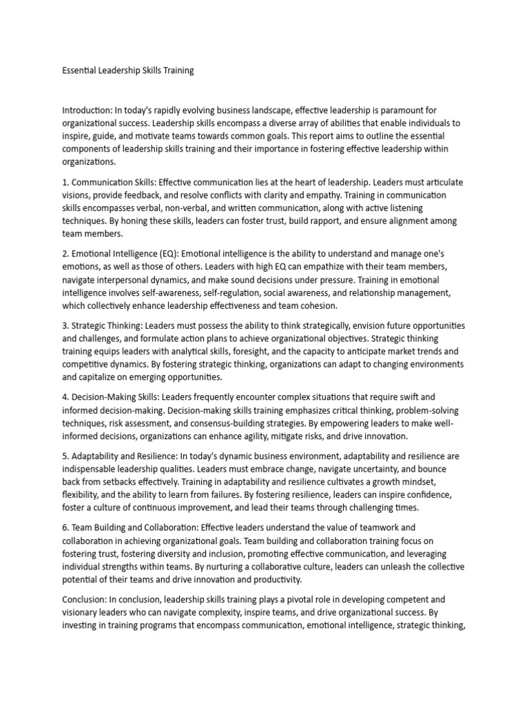 Essential Leadership Skills Training Pdf Leadership Psychological Resilience
