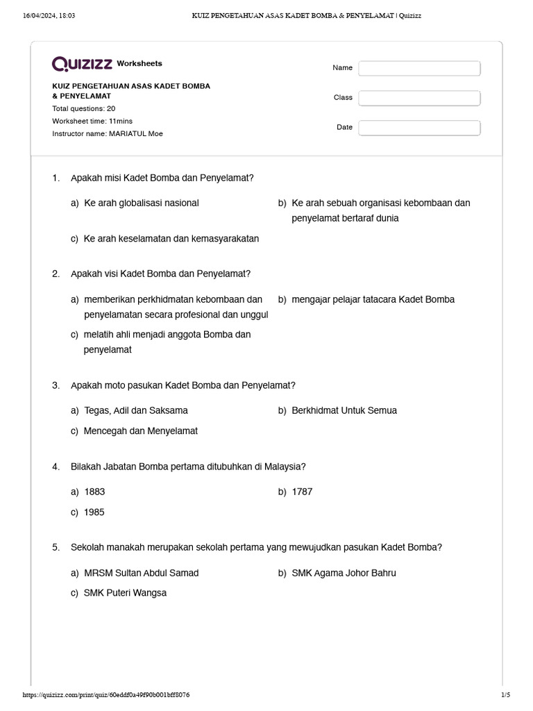 KUIZ PENGETAHUAN ASAS KADET BOMBA & PENYELAMAT - Quizizz | PDF