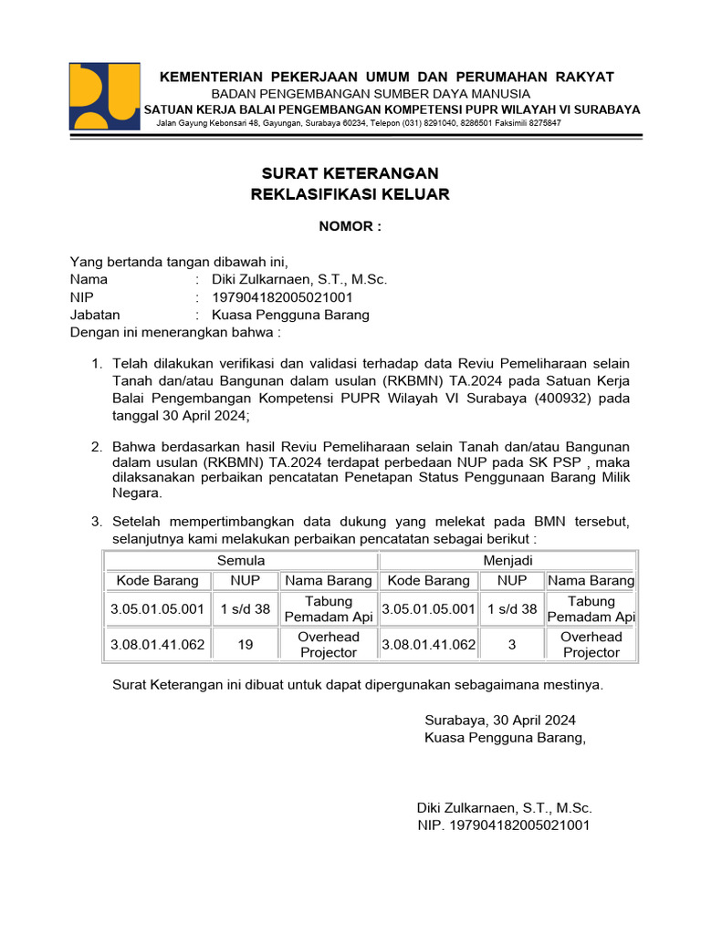 Surat Keterangan Reklasifikasi BMN | PDF