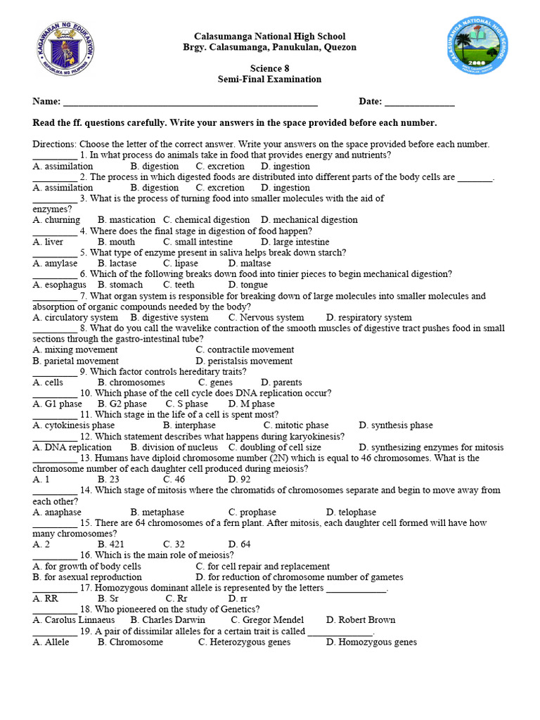 Science 8 Semi-Final Exam 2023-2024 | PDF | Mitosis | Zygosity