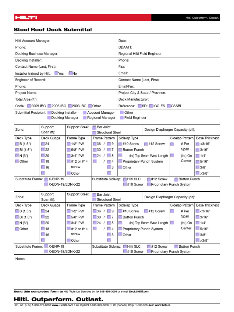 Hilti Roof Deck Submittal Request v2 1r2 | PDF | Sheet Metal