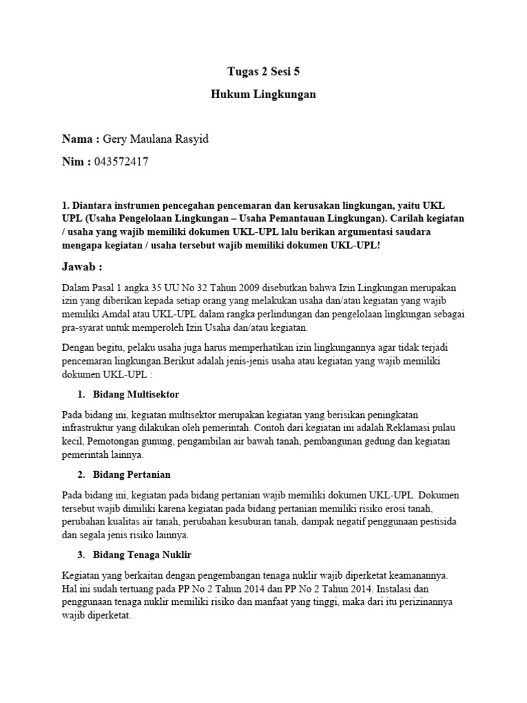 Tugas 2 Sesi 5 Hukum Lingkungan | PDF | Pengelolaan Keuangan & Uang