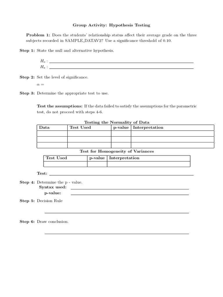Hypothesis Testing Group Activity Guide | PDF | Statistical Hypothesis ...