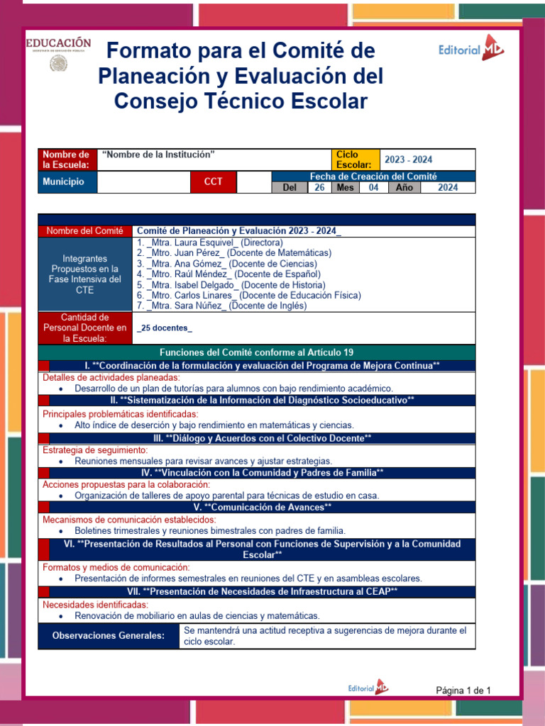 Formato Comite de Planeacion y Evaluacion Editorial MD Icvaqo | PDF | Maestros | Evaluación