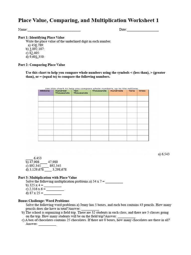 Place Value & Multiplication Worksheet | PDF
