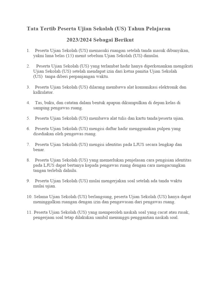 Tata Tertib Peserta Ujian Sekolah | PDF