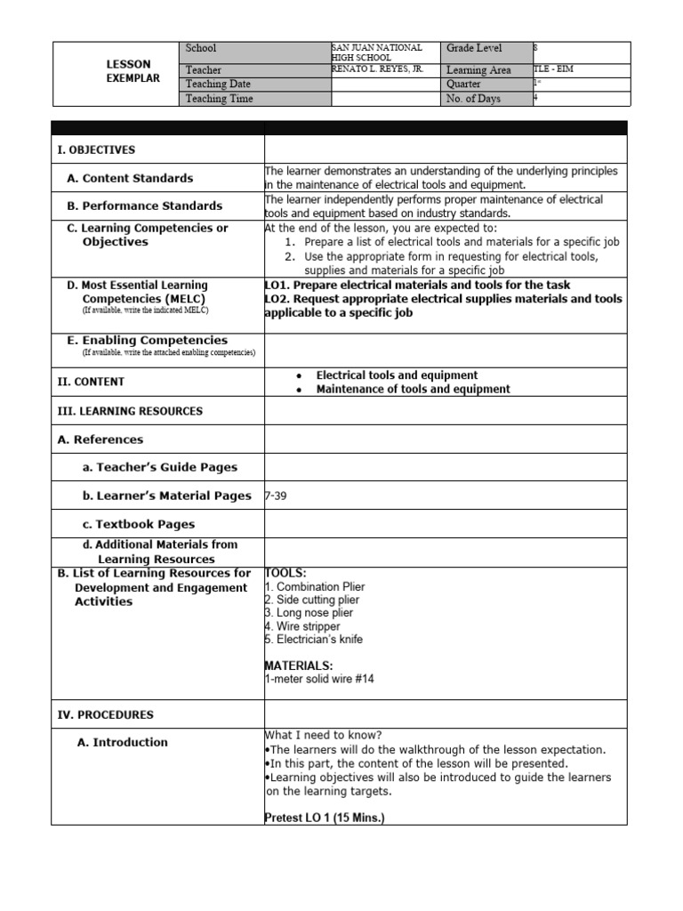 01 Week TLE 8 - EIM Lesson Exemplar | PDF | Electrical Wiring | Ac ...