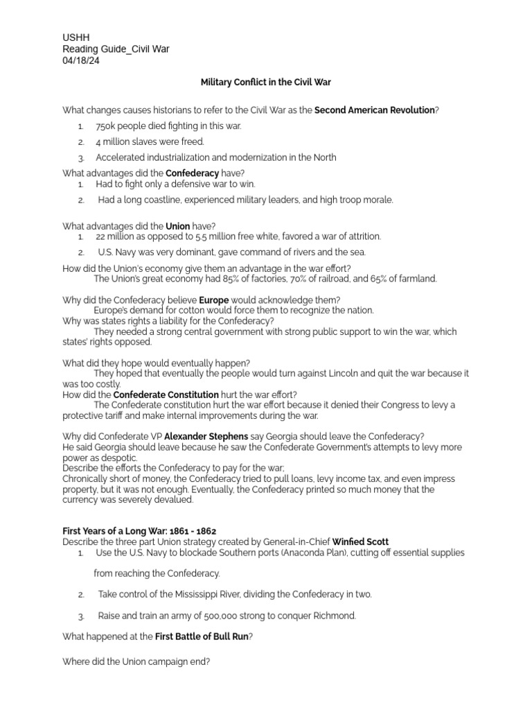 USHH - Reading Guide - Military Conflict in The Civil War | PDF ...