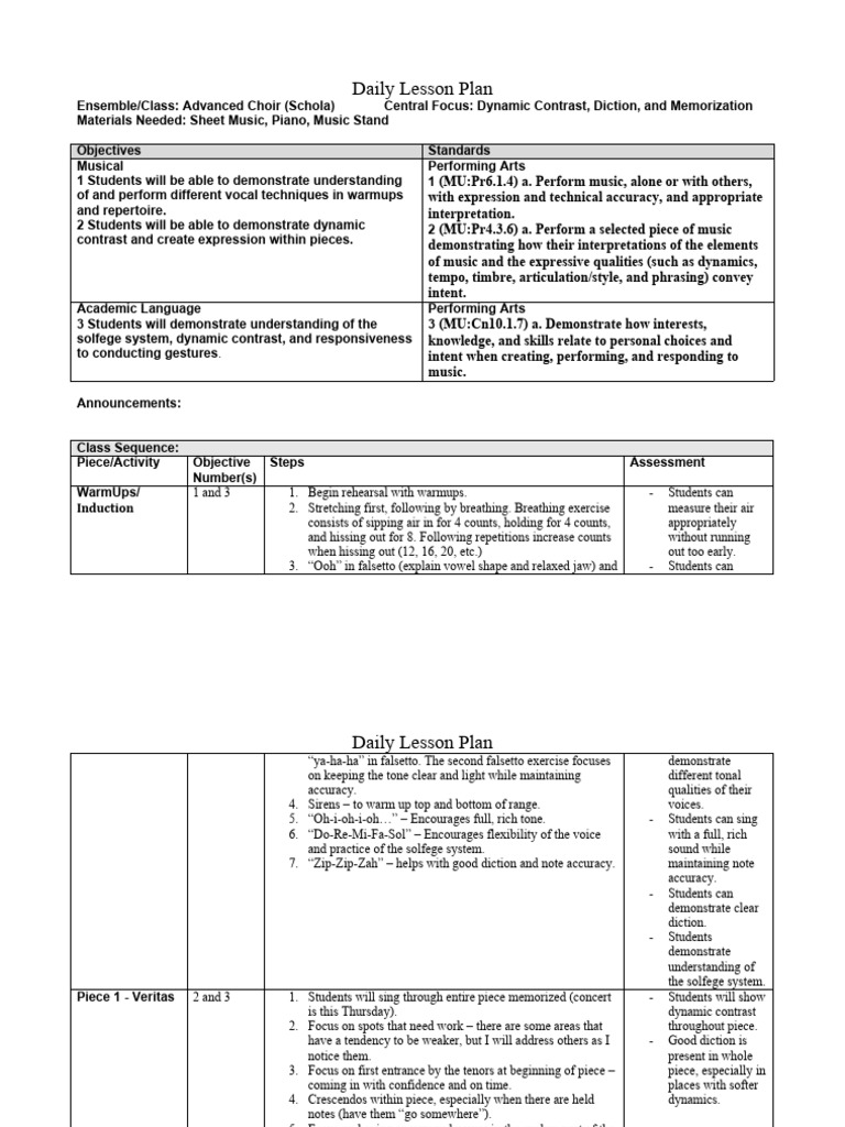 Advanced Choir Lesson Plan: Dynamics & Diction | PDF | Musicology ...