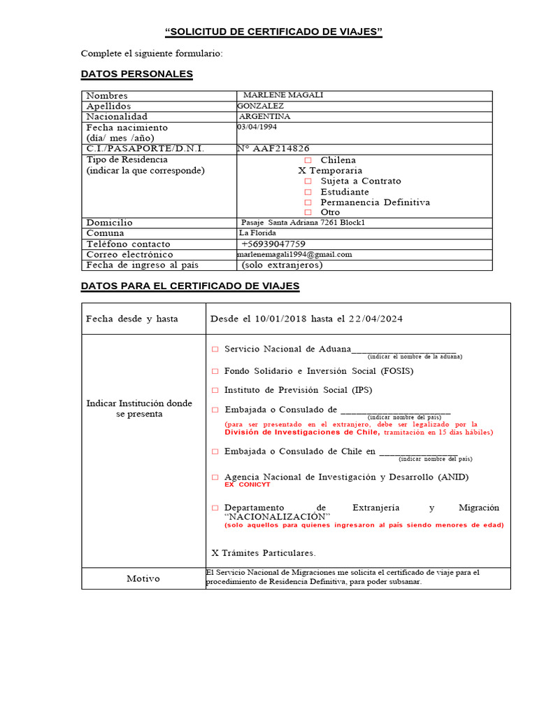 Solicitud-Certificado-De-Viajes MARLENE MAGALI GONZALEZ | PDF | Documento de identidad ...