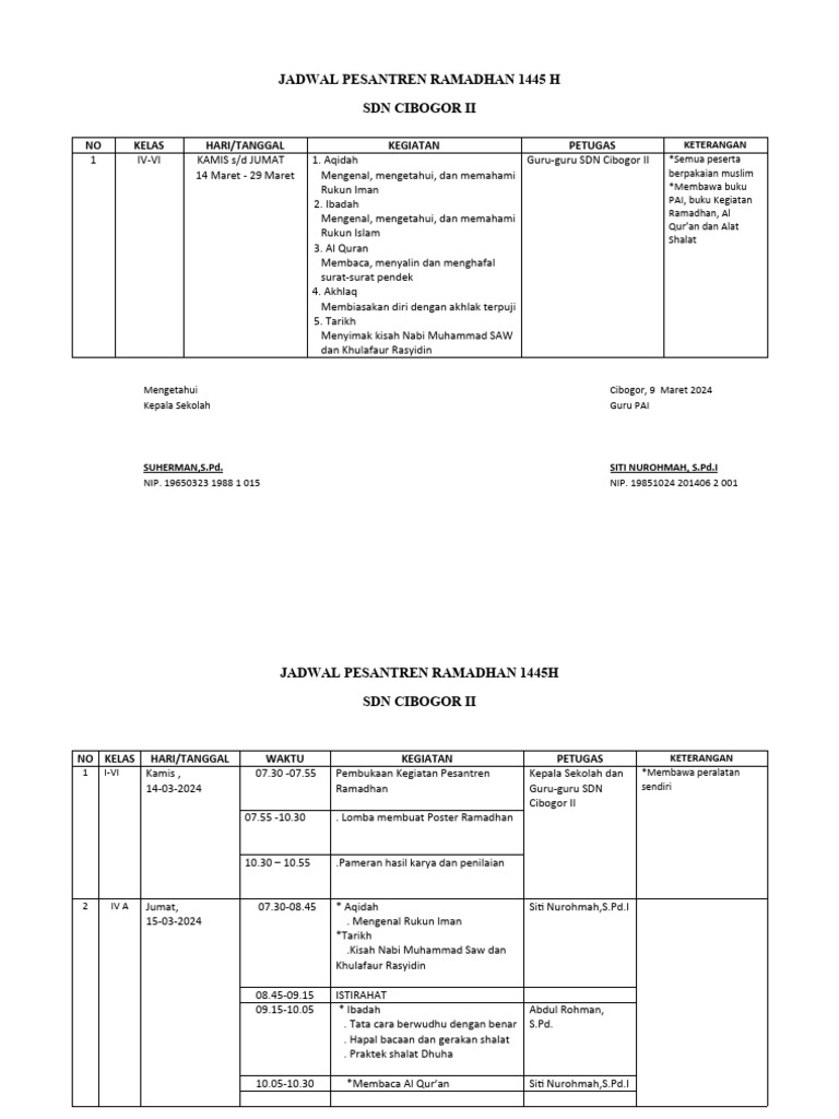 Jadwal Pesantren Ramadhan 2024 | PDF