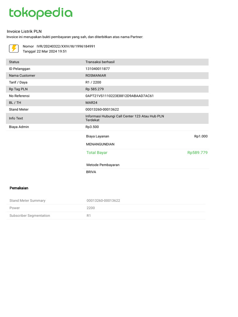 Tagihan Listrik Maret 2024 | PDF