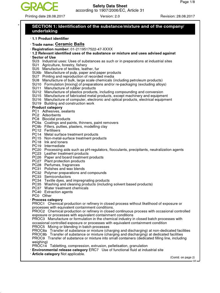 Ceramic Balls Safety Data Sheet | PDF | Toxicity | Dangerous Goods
