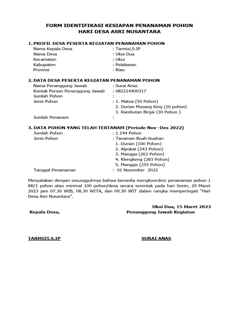 Form Identifikasi Kesiapan Penanaman Pohon Desa Ukui Dua | PDF