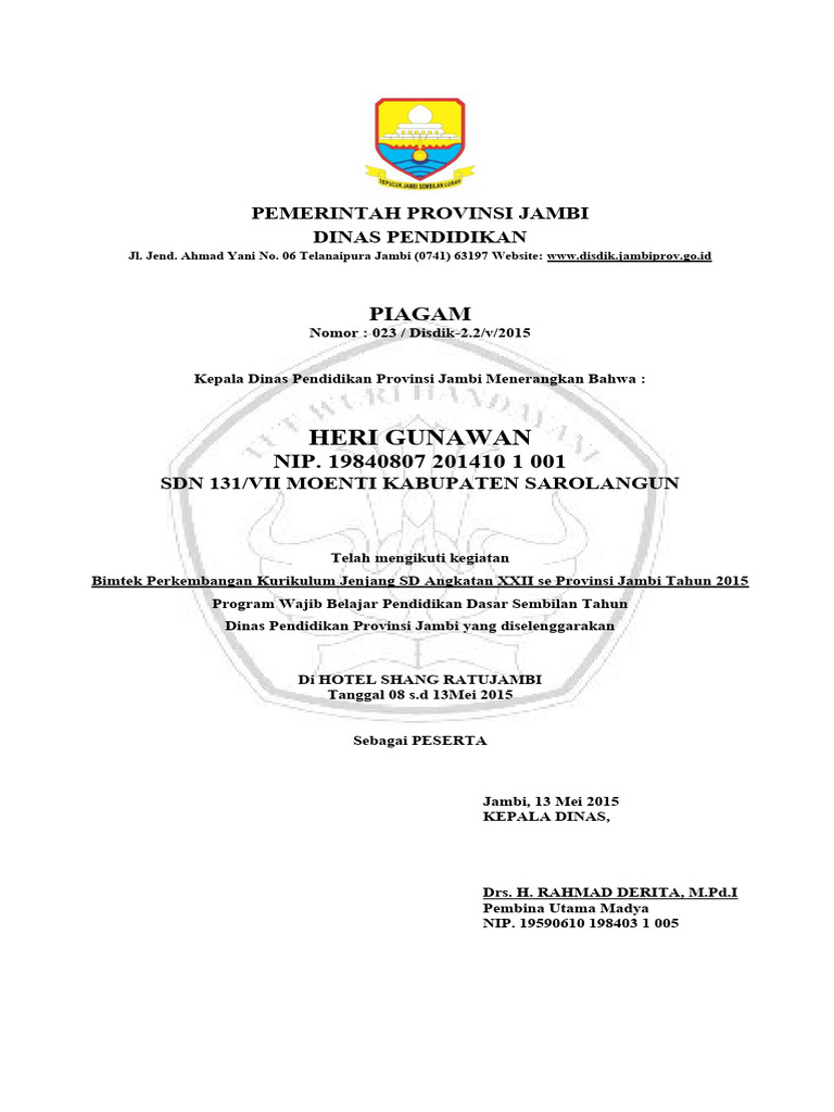 Piagam Heri Gunawan | PDF