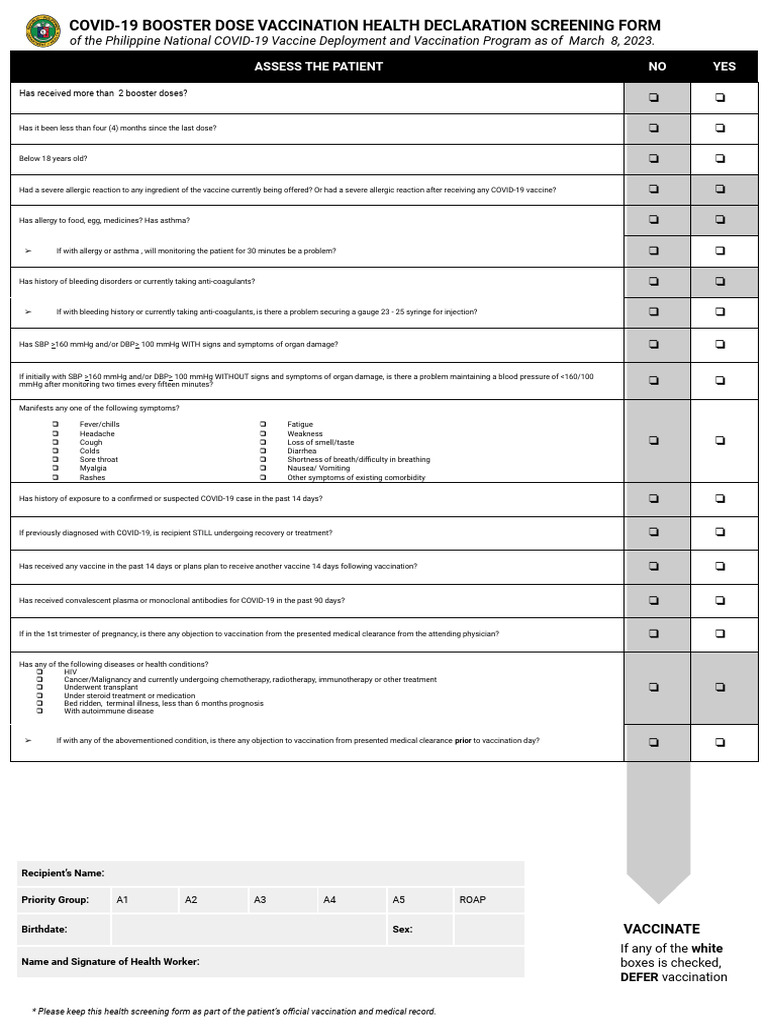 (Third Booster) Health Declaration Screening Pfizer Bivalent Booster ...