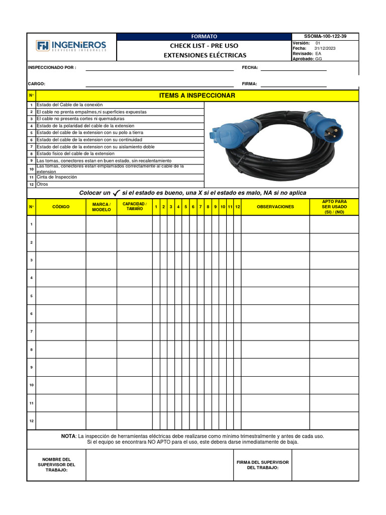 SSOMA-100-122-39 Check List - Pre Uso de Extensiones Eléctricas ...