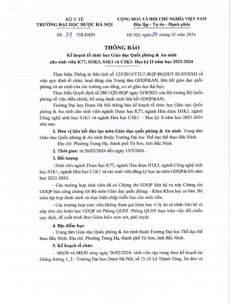 7. 39BB-DHN Kế hoạch Tổ chức học GDQPAN cho sinh viên K77 H1K3 SK1 HKII năm 2023-2024 | PDF