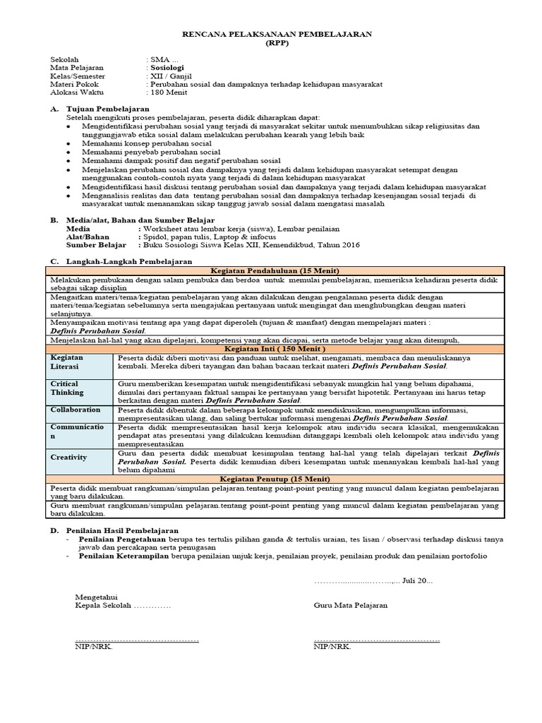Contoh RPP Sosiologi 12 (1 LBR) | PDF