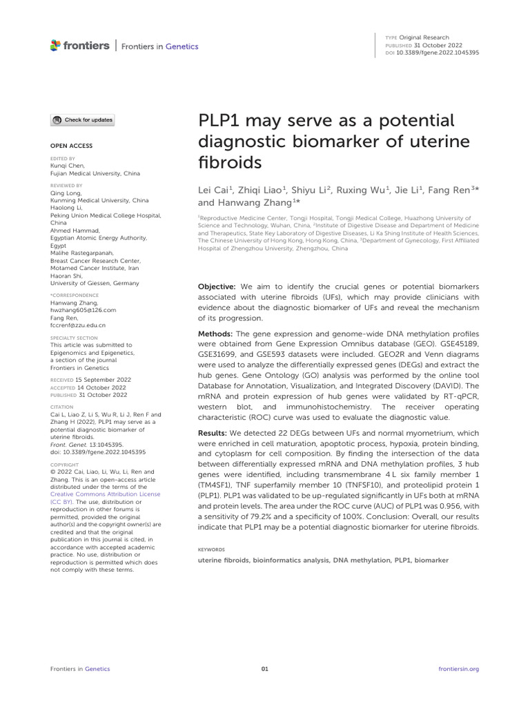 PLP1 May Serve As A Potential Diagnostic Biomarker of Uterine Fibroids ...